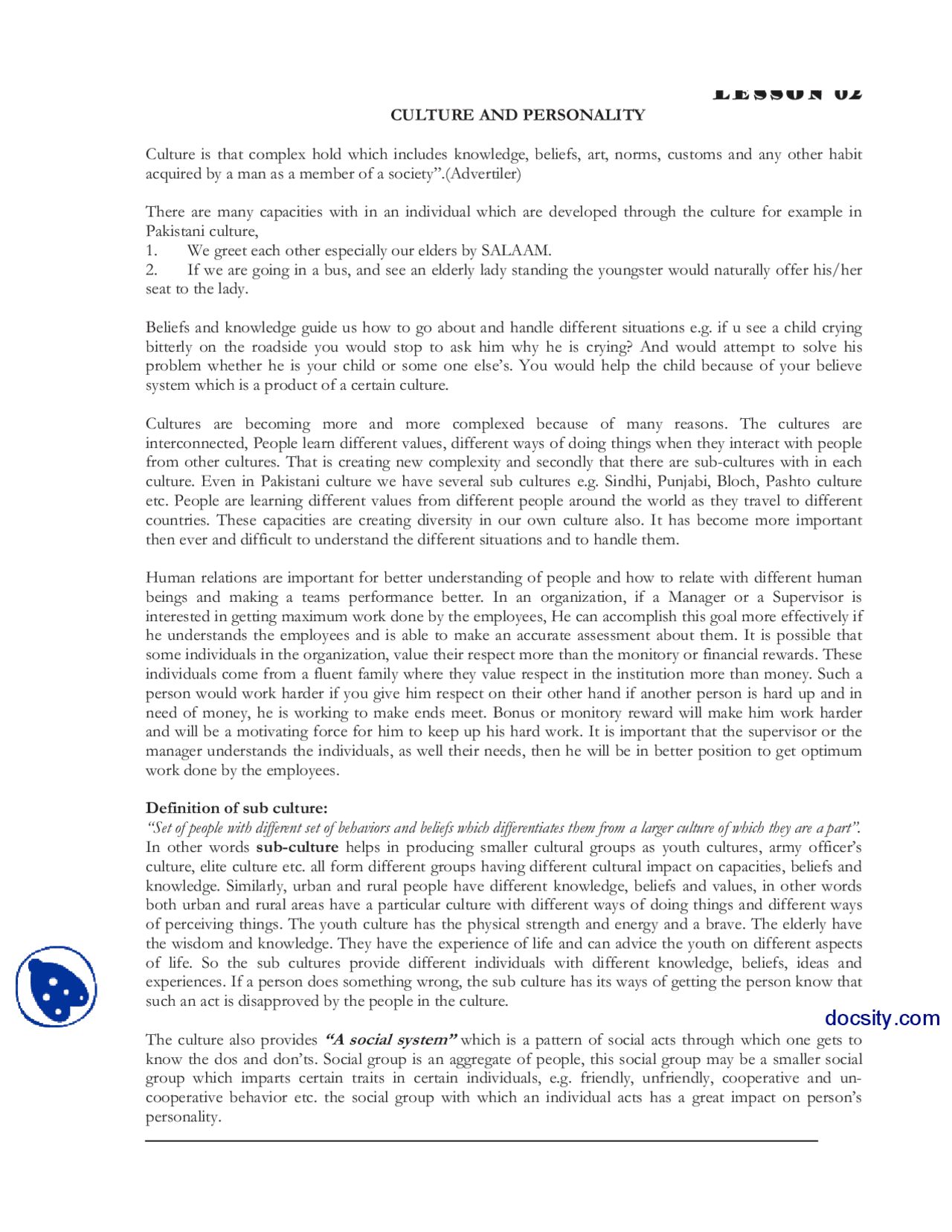 Culture And Personality Human Relation Lecture Notes Docsity
