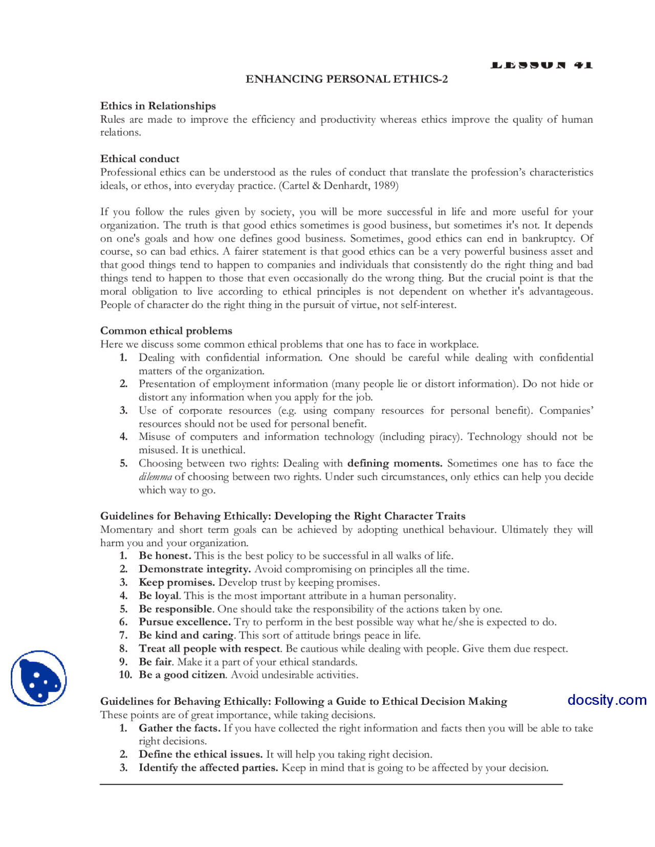 Enhancing Personal Ethics Lec2 Human Relation Lecture Notes Docsity