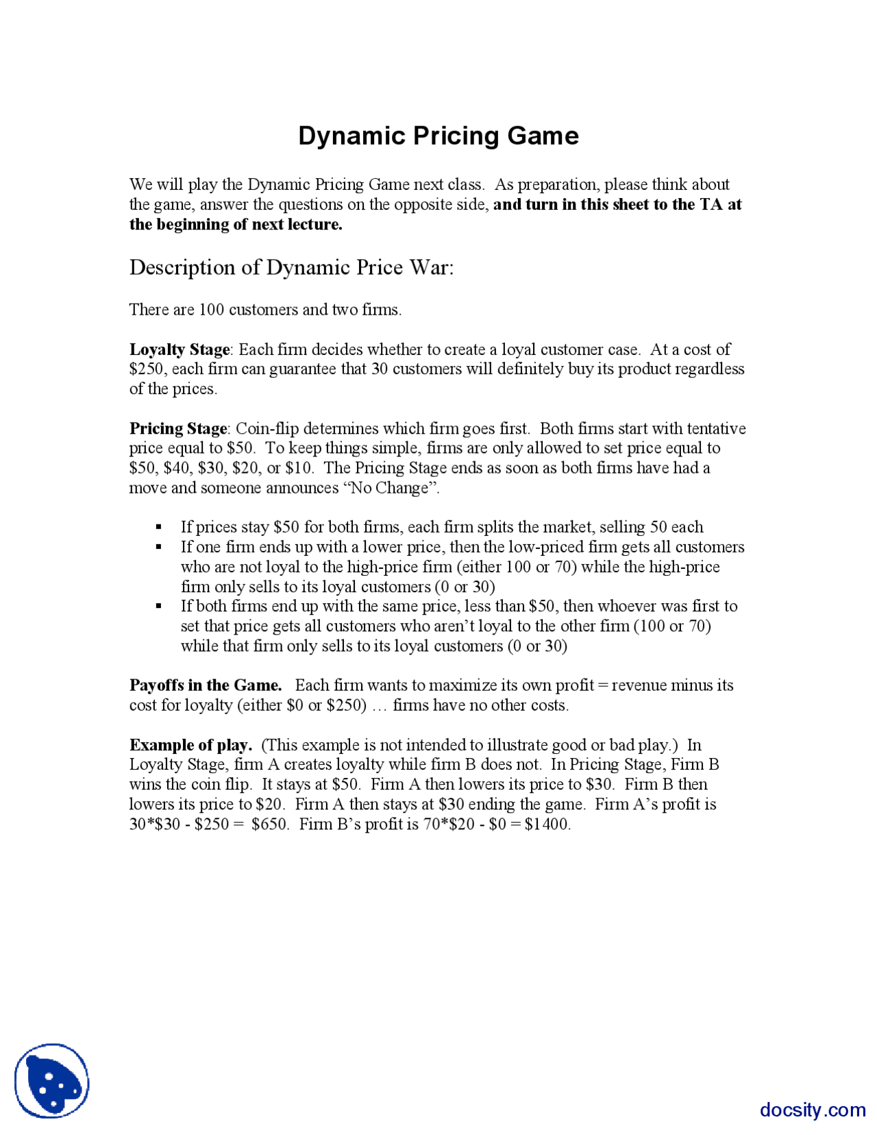 Dynamic Pricing Game Game Theory For Managers Handout Docsity