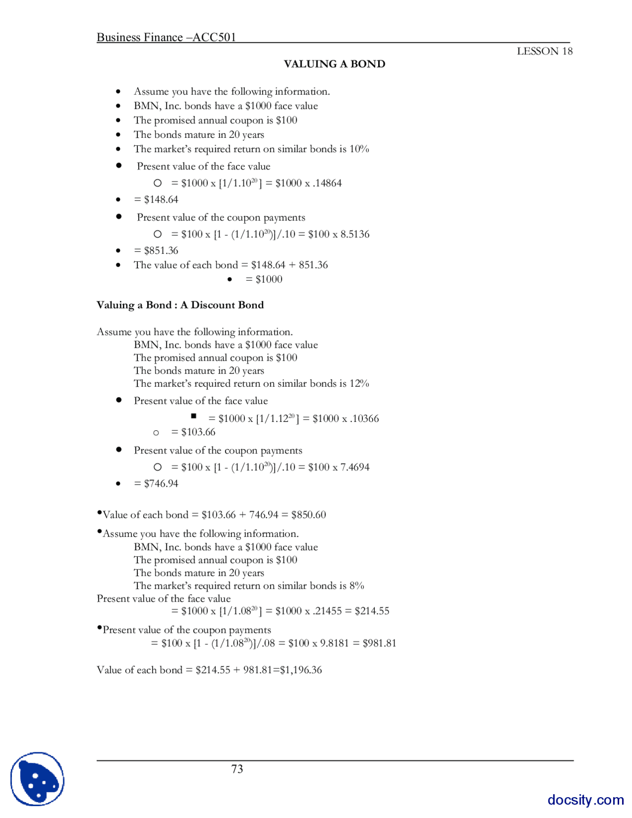 Lesson 18 Valuing A Bond Business Finance Lecture Notes Docsity