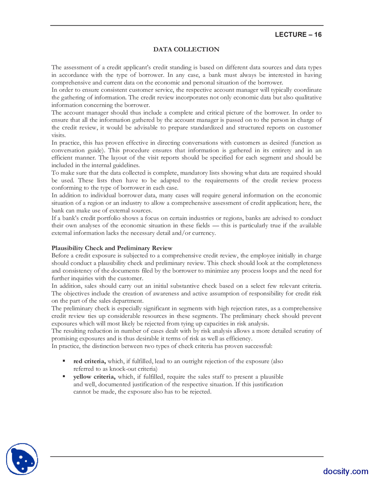 Data Collection Credit And Risk Managment Lecture Notes Docsity