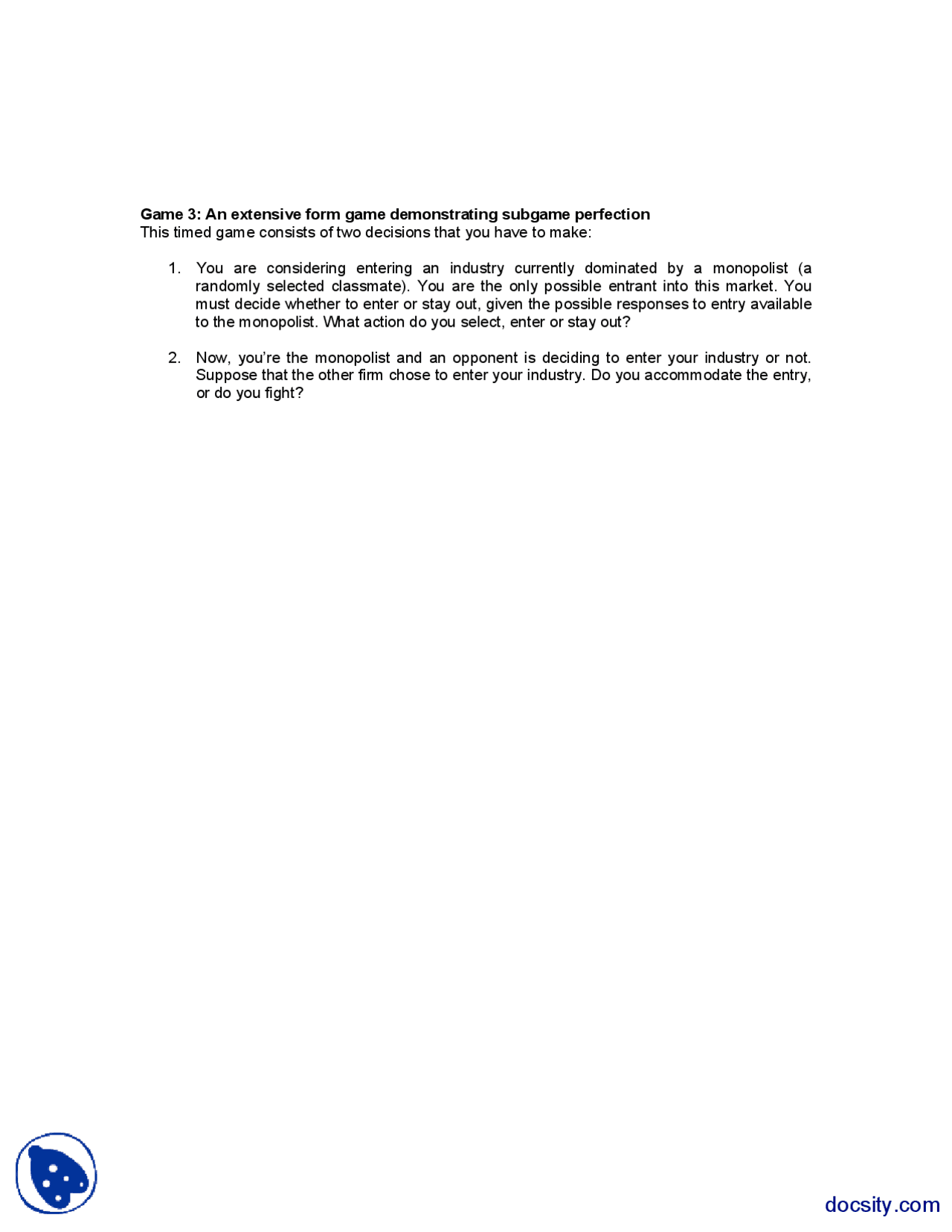 Subgame Perfection Game Theory For Managers Handout Docsity