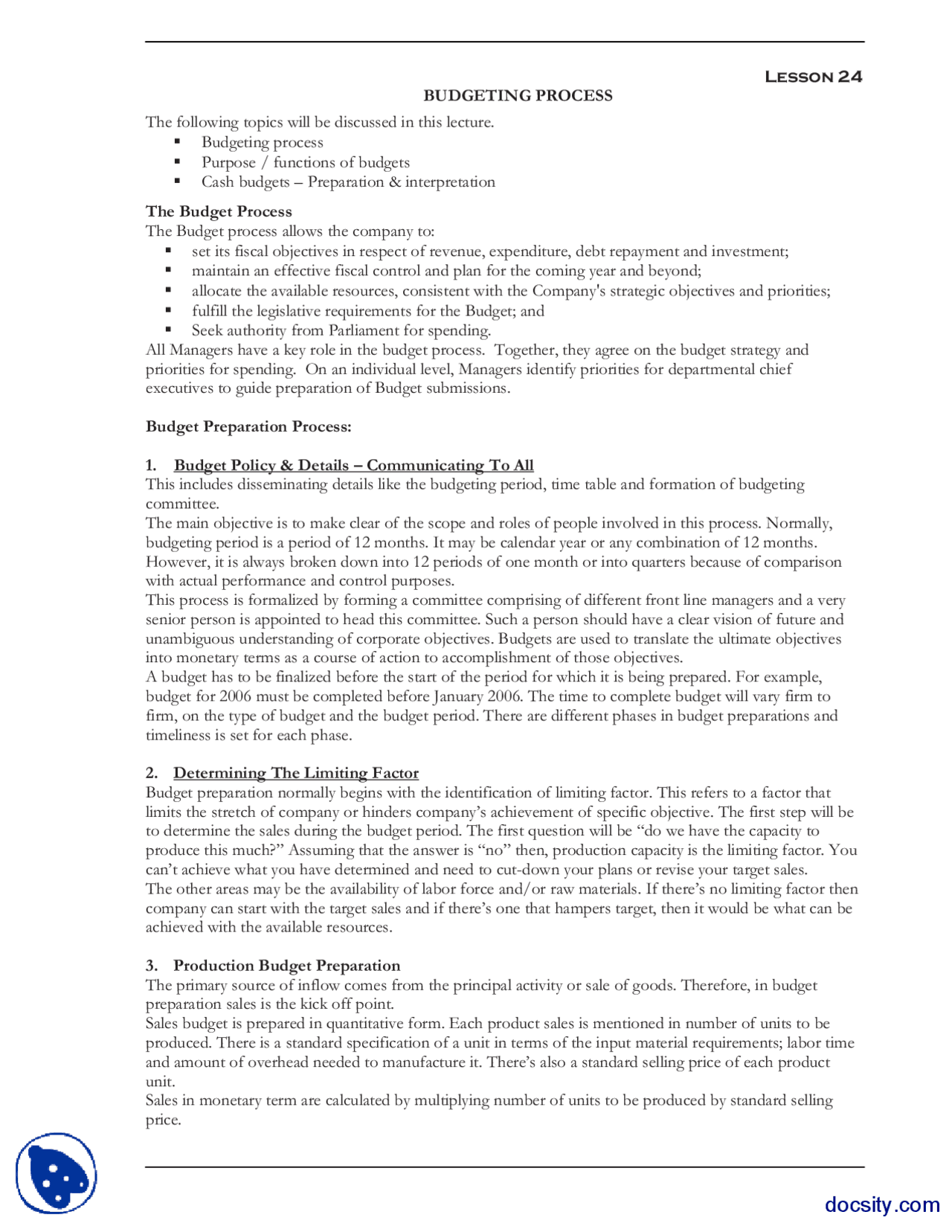 Lecture 24 Budgeting Process Corporate Finance Lecture Notes Docsity
