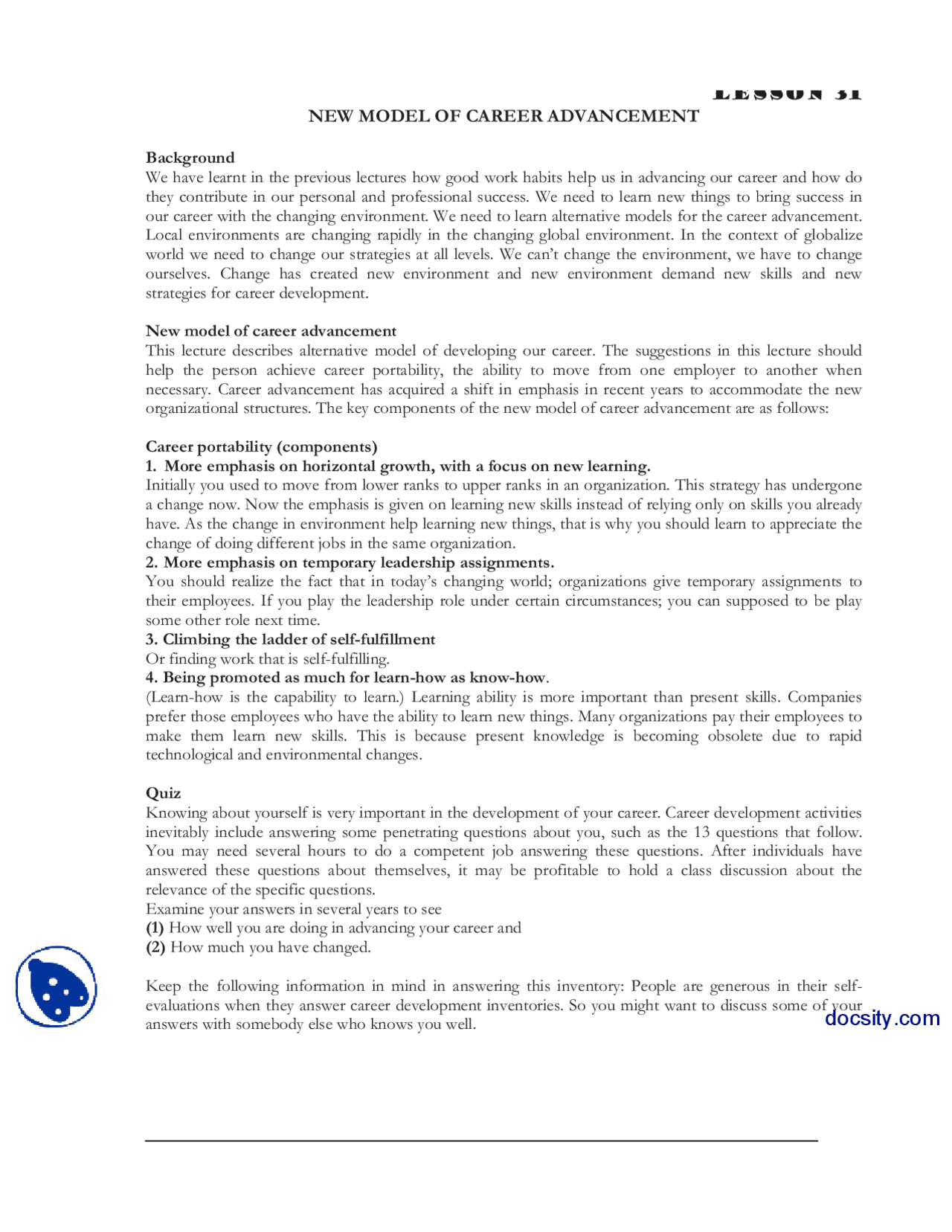 New Model Of Career Advancement Human Relation Lecture Notes Docsity