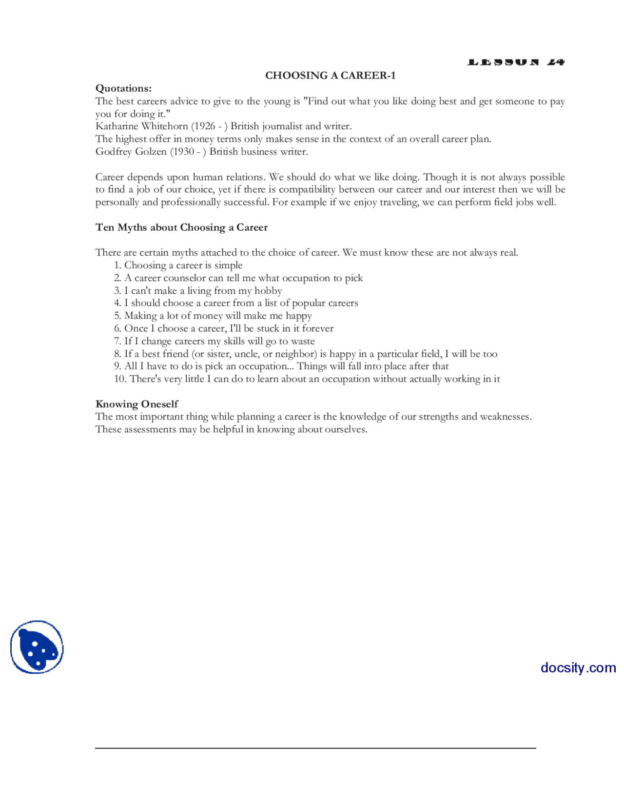 Choosing A Career Lec1 Human Relation Lecture Notes Docsity