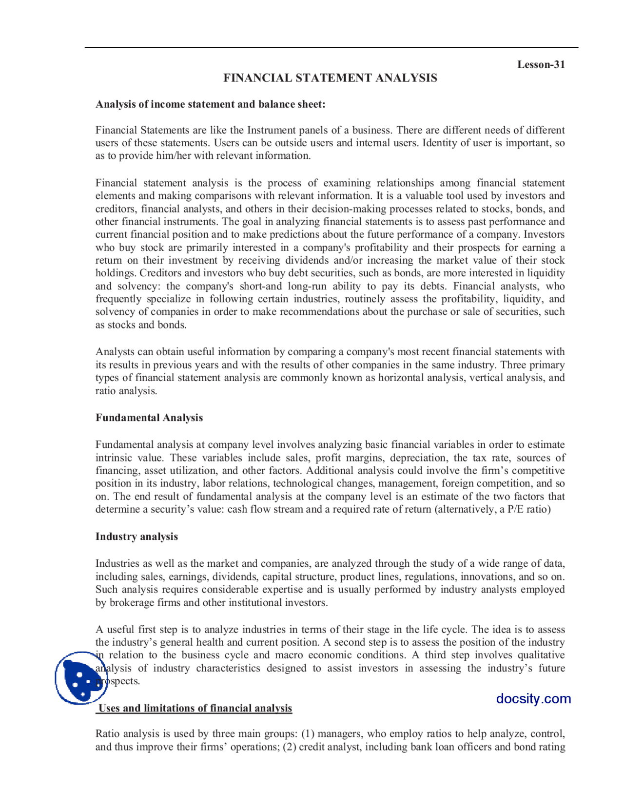 Financial Statement Analysis Finacial Statment Analysis Lecture Notes