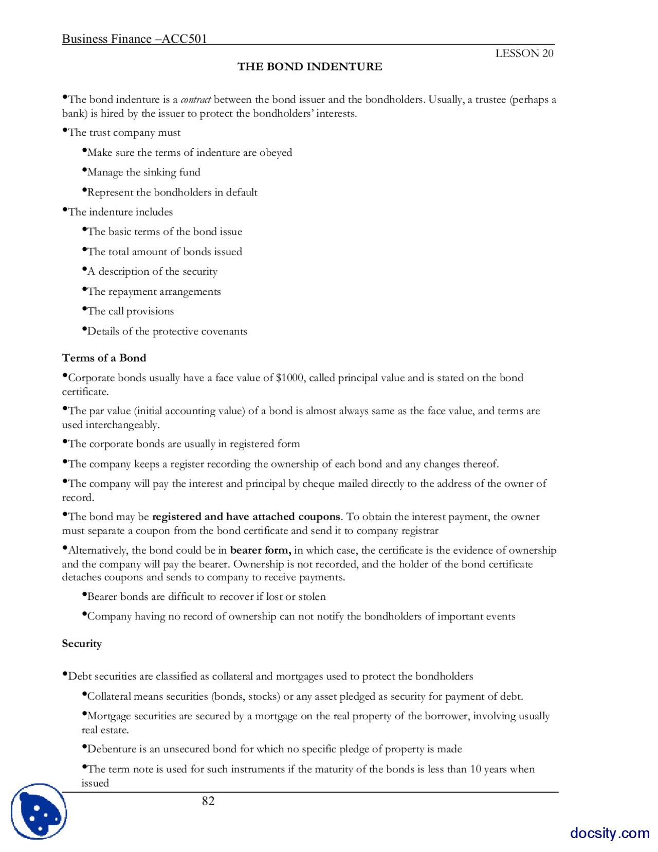 Lesson 20 Bond Indenture Business Finance Lecture Notes Docsity