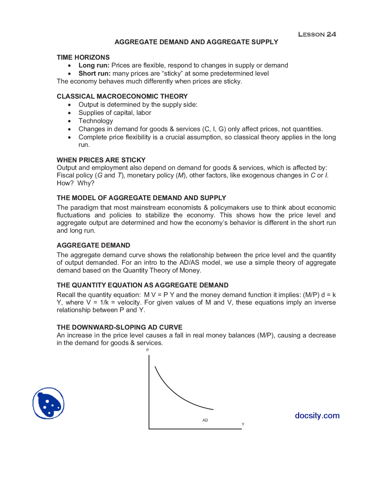 Aggregate Demand And Aggregate Supply Macroeconomics Lecture Notes