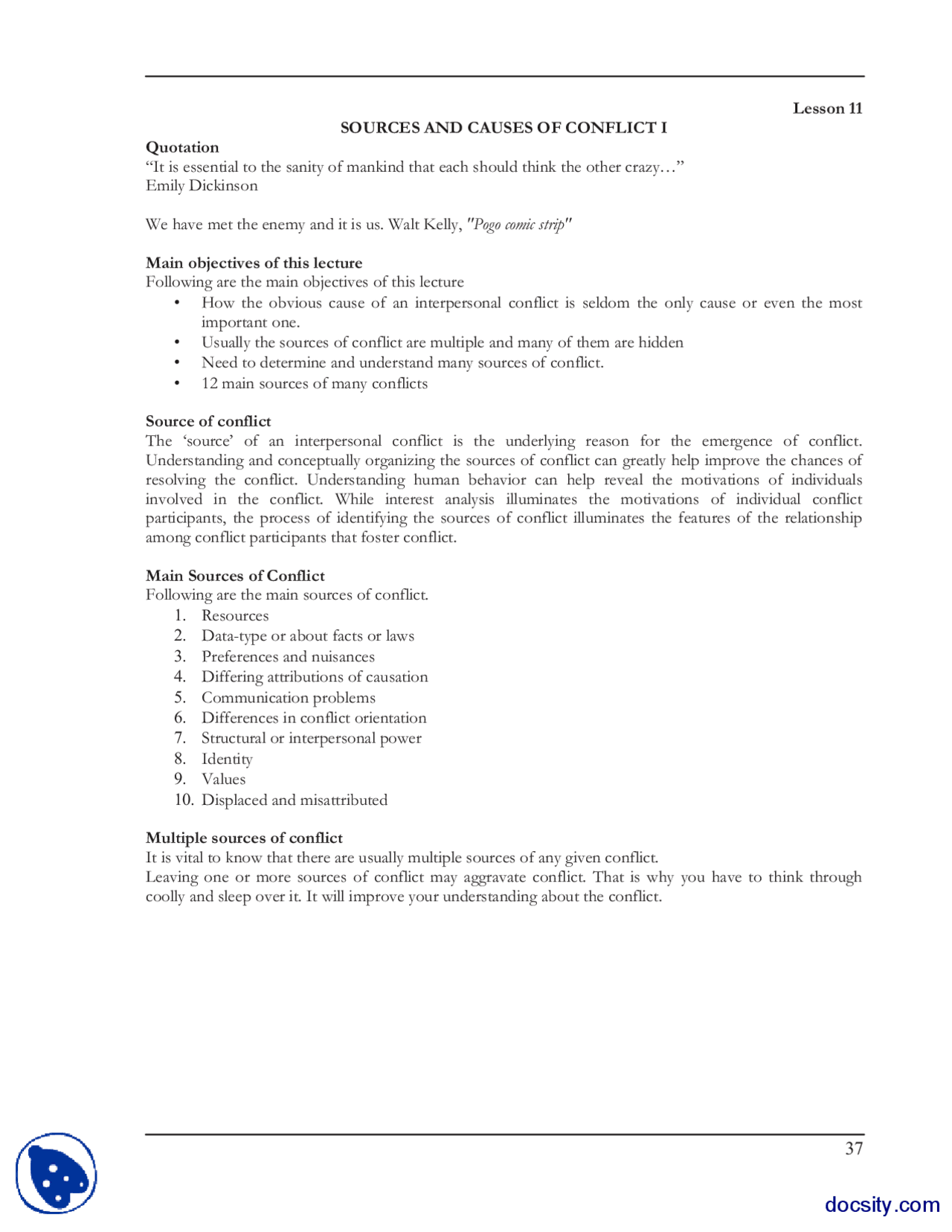 Lecture 11 Sources And Causes Conflict Management Lecture Notes Docsity