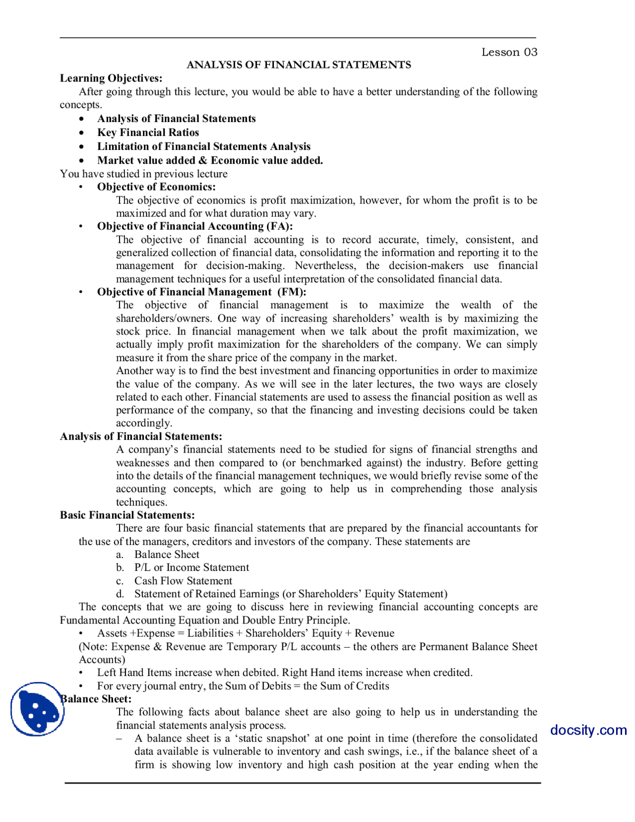 Analysis Of Financial Statements-Financial Management-Handouts ...