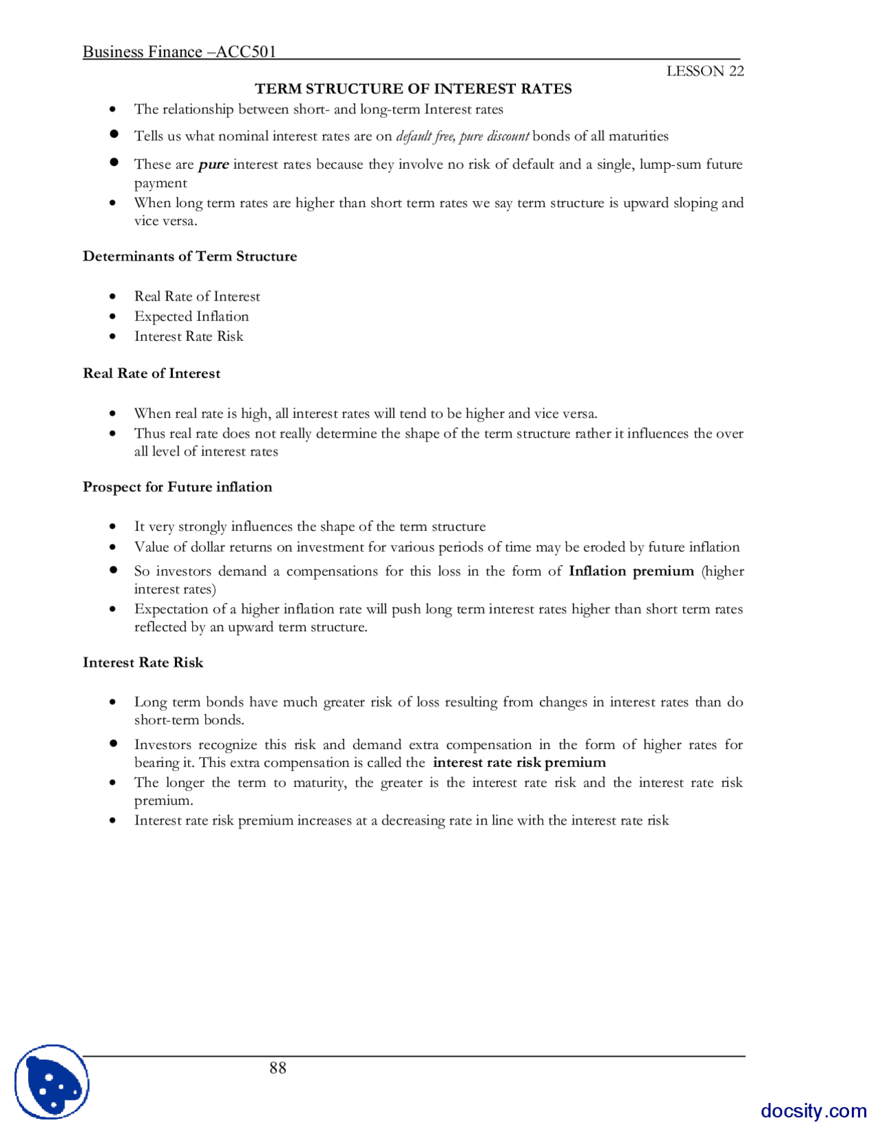 Lesson 22 Structure Of Interest Rates Business Finance Lecture Notes