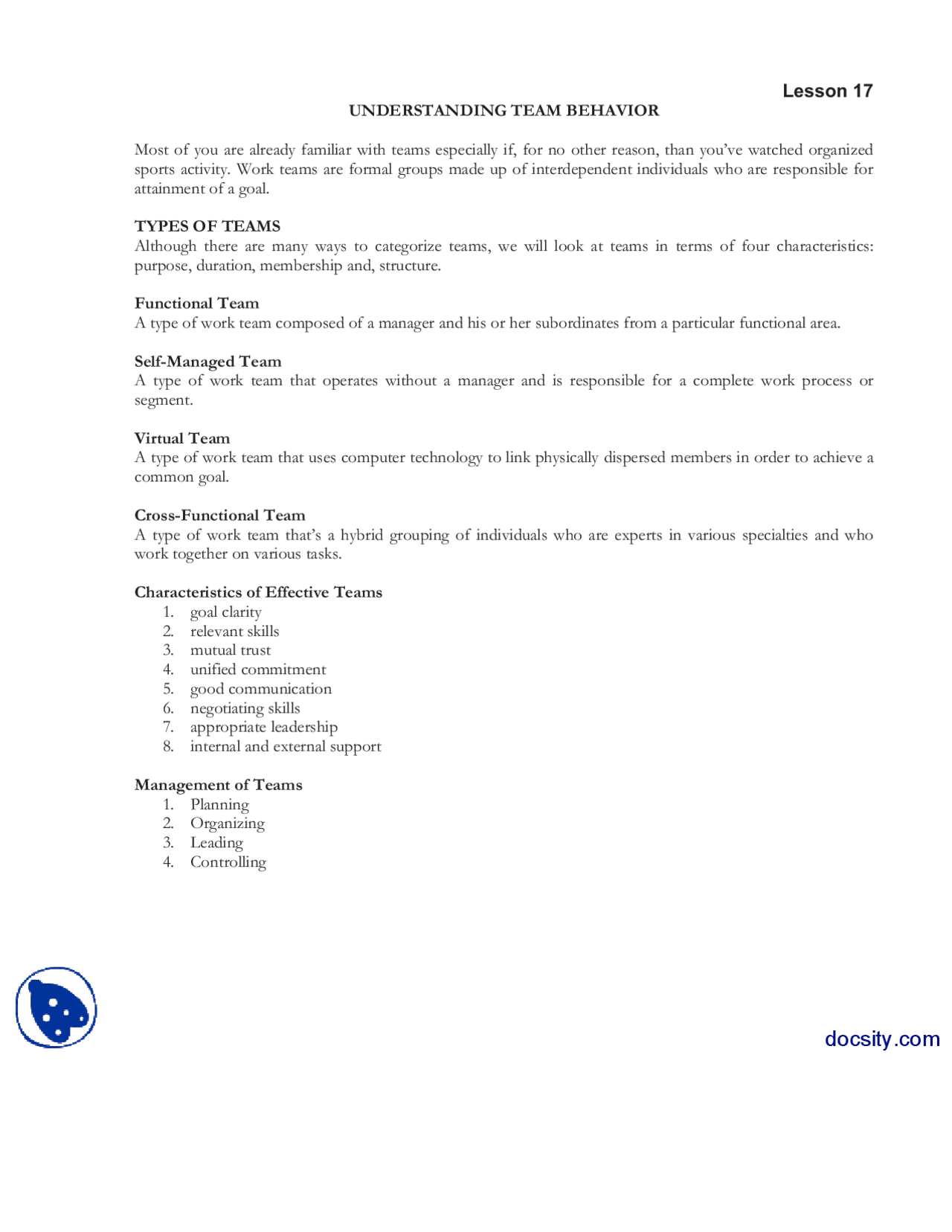 Understanding Team Behavior Human Resource Managment Lecture Notes