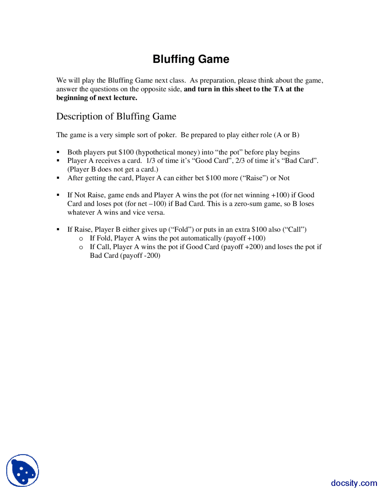 Bluffing Game Game Theory For Managers Handout Docsity