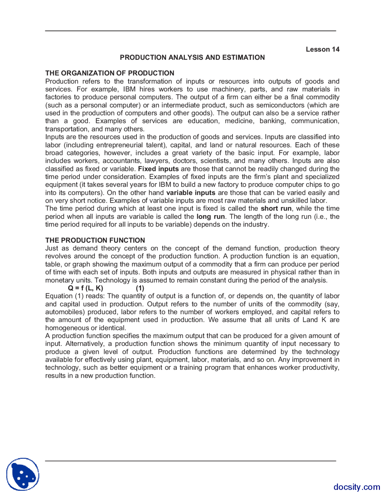 Production Analysis And Estimation Managerial Economics Lecture Notes