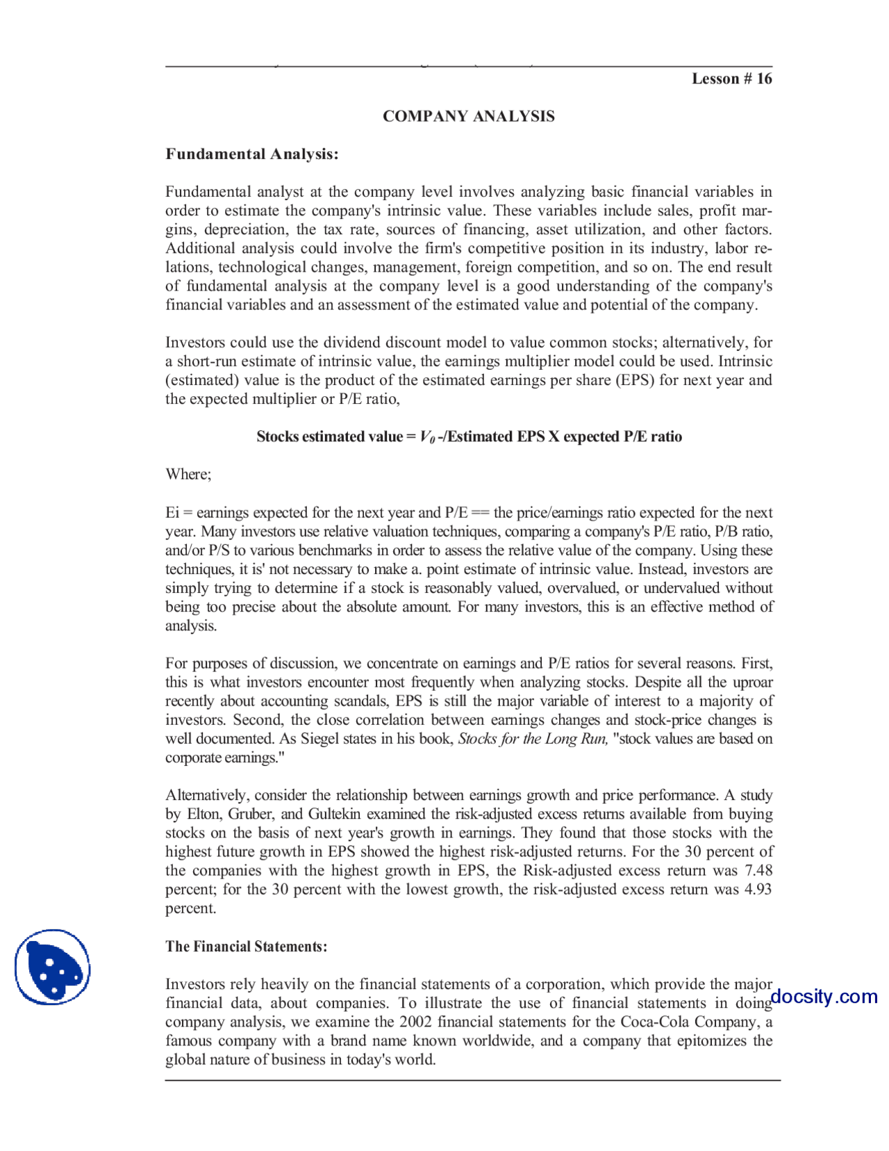 Company Analysis Lec1 Investment Managment And Portfolio Lecture Notes