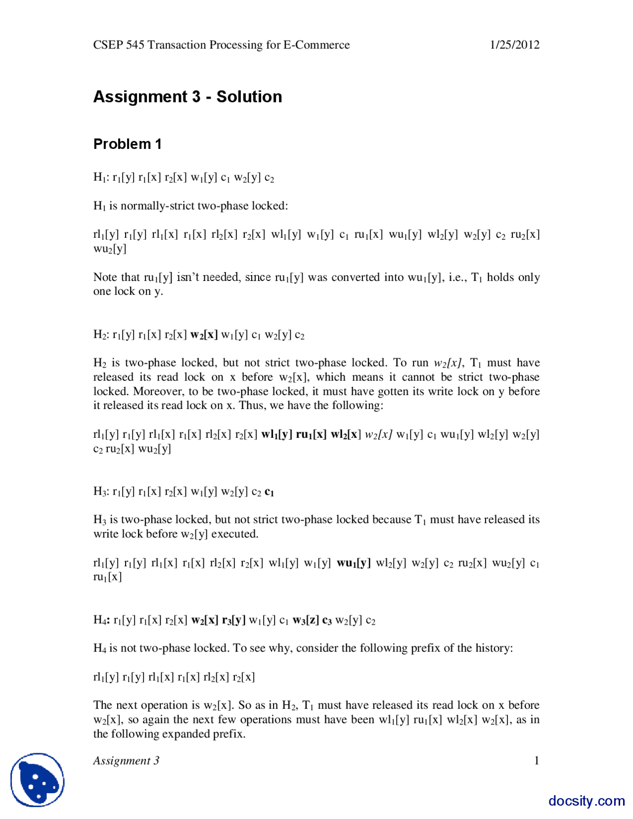 Two Phase Locking-Transaction Processing For E Commerce-Assignment Solution - Docsity