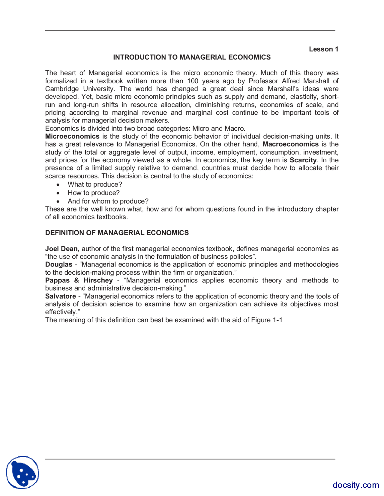 Introduction Managerial Economics Lecture Notes Docsity