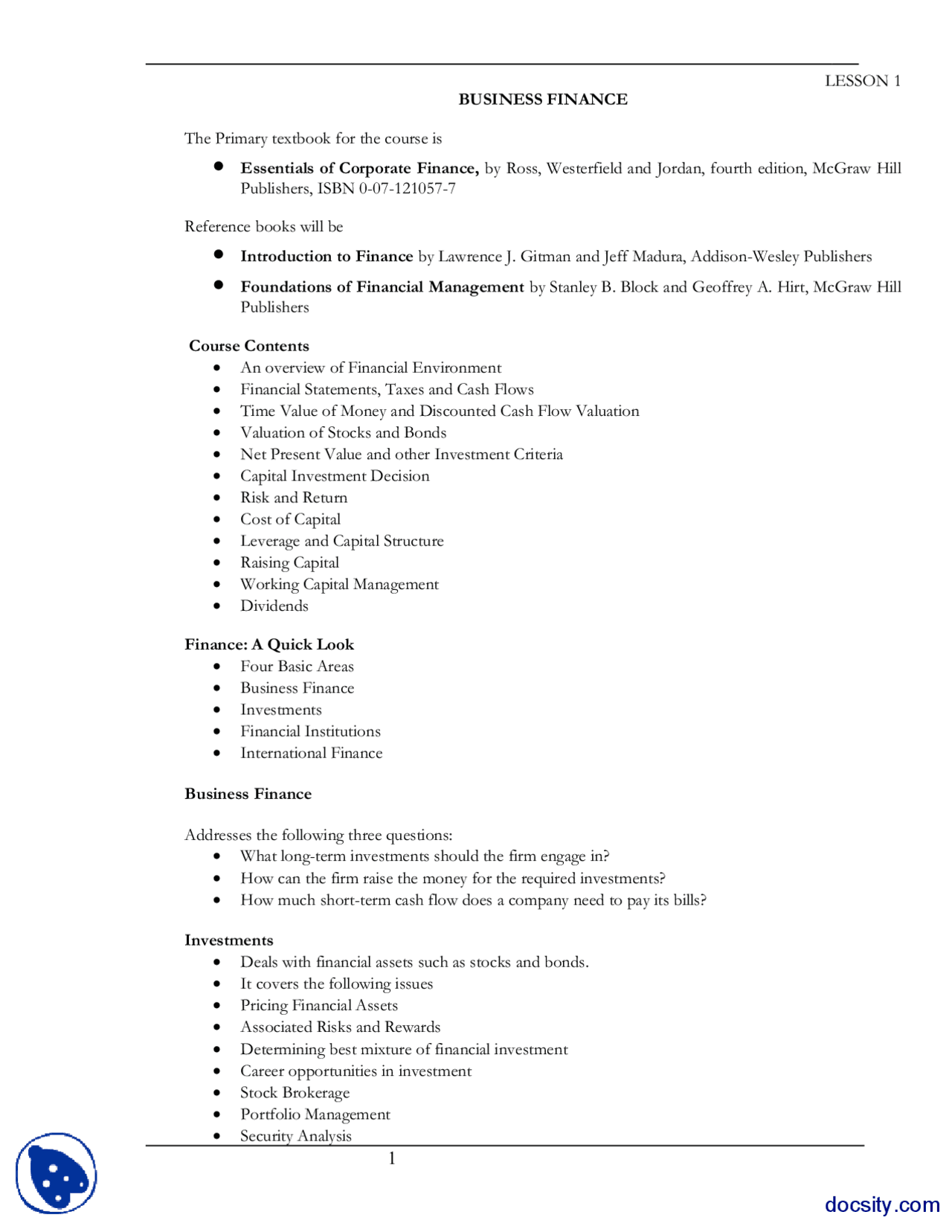 Lesson 1, Introduction and Basic Concepts,-Business Finance-Lecture ...