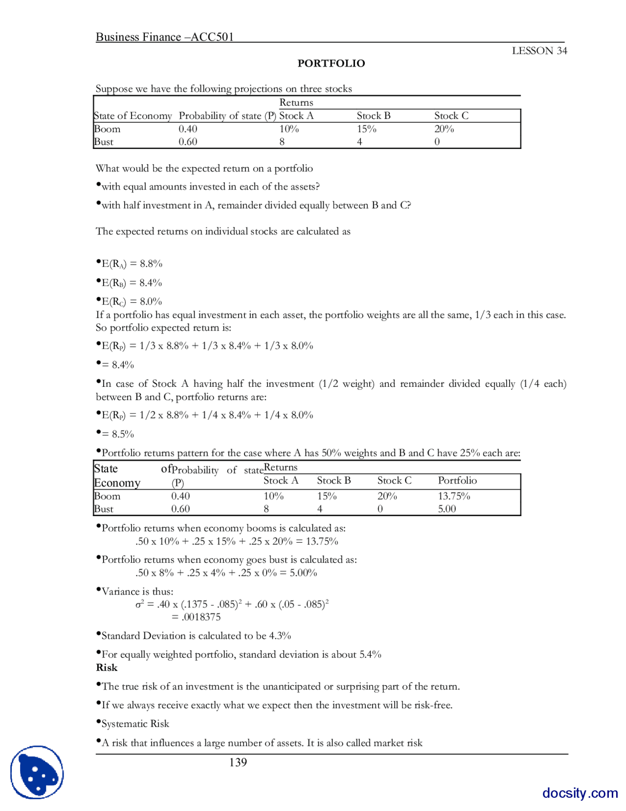Lesson 34 Portfolio Business Finance Lecture Notes Docsity