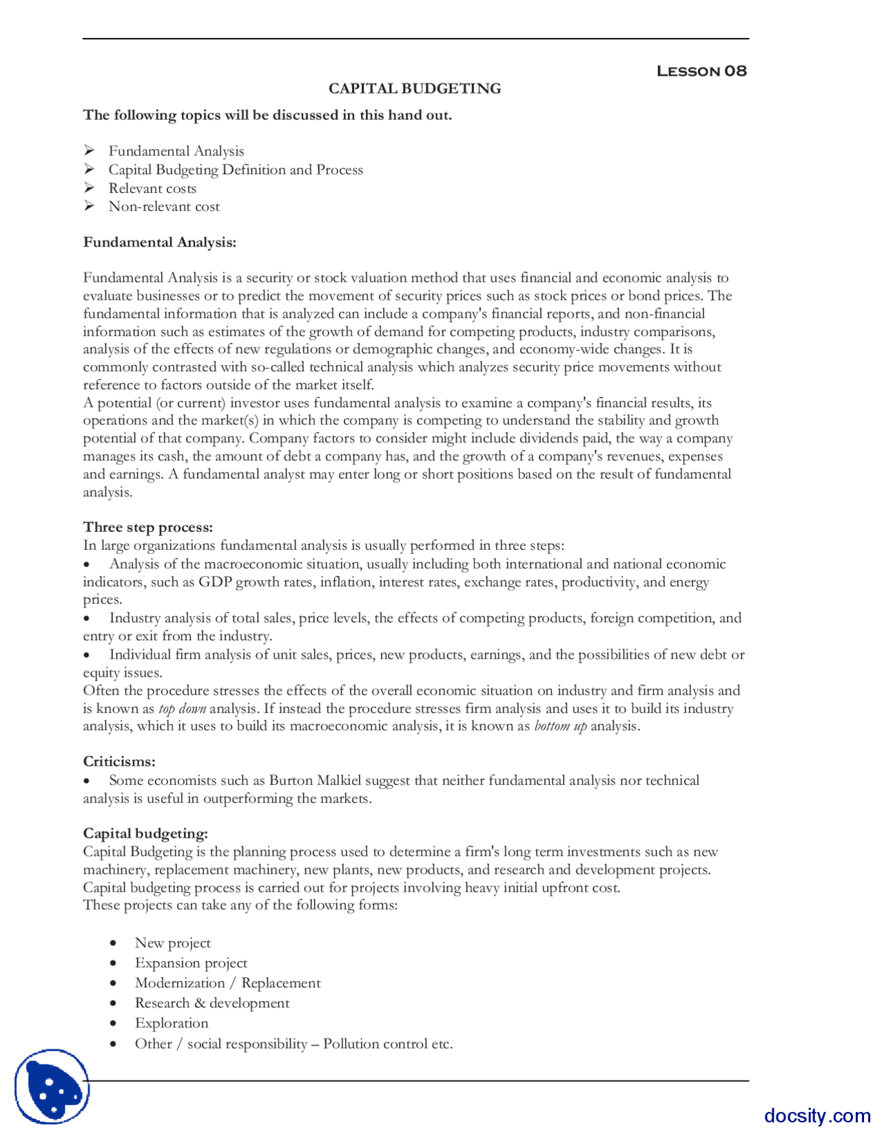Lecture 8 Capital Budgeting Corporate Finance Lecture Notes Docsity