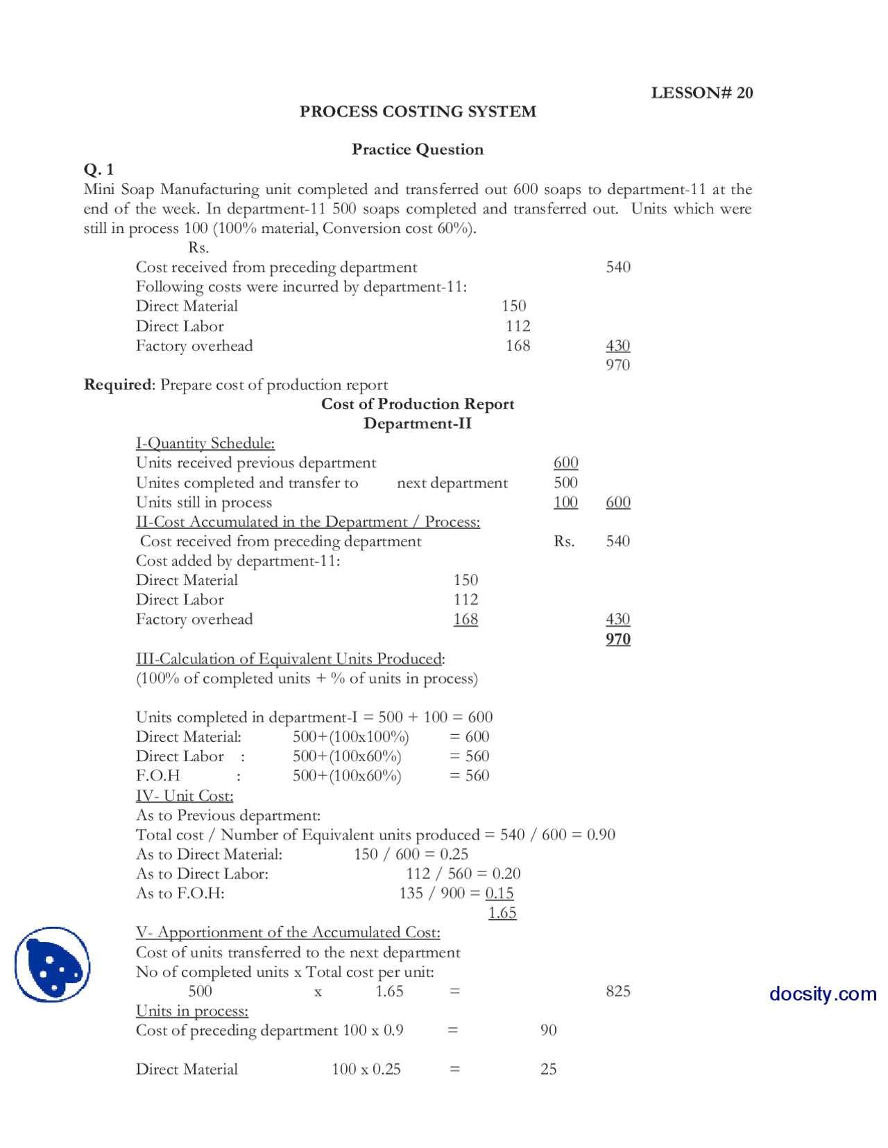 Process Costing System Practise Question Lec1 Accounting Lecture Notes