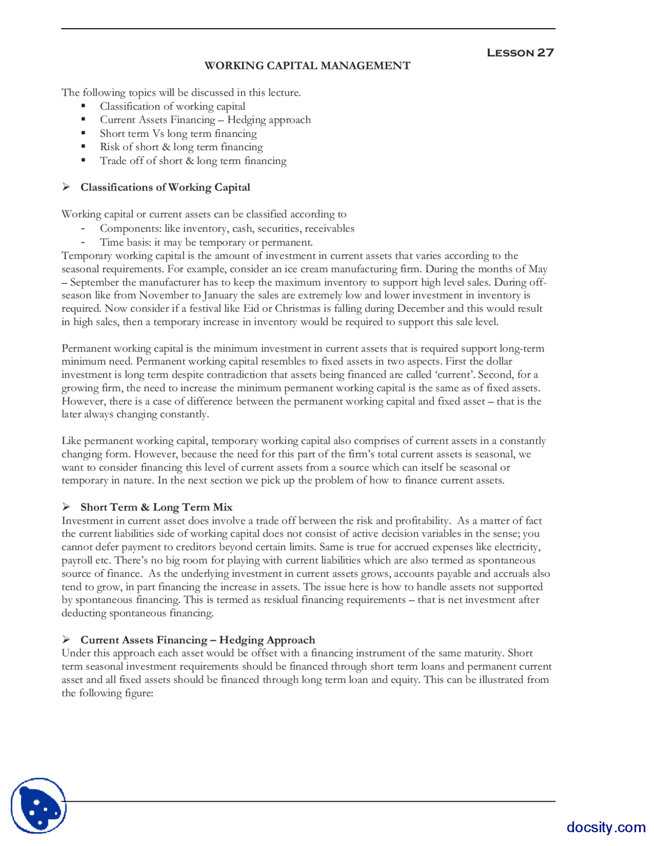 Lecture 27 Working Capital Management Corporate Finance Lecture Notes