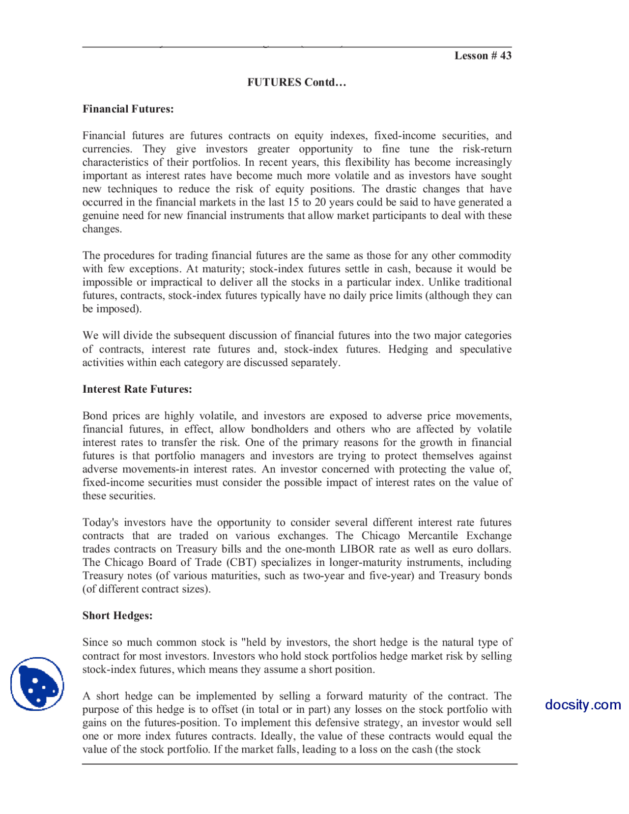 Futures Lec3 Investment Managment And Portfolio Lecture Notes Docsity