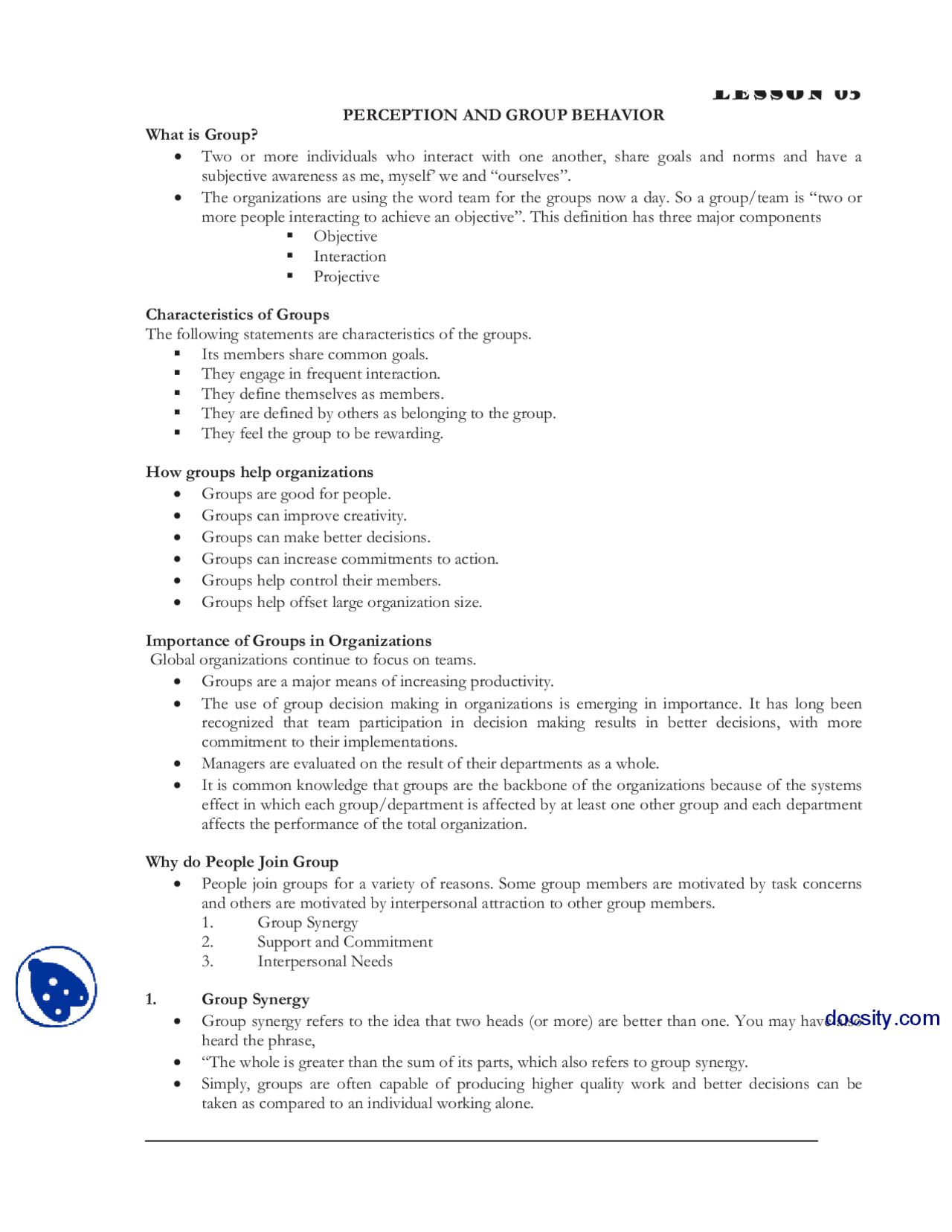 Perception And Group Behavior Human Relation Lecture Notes Docsity