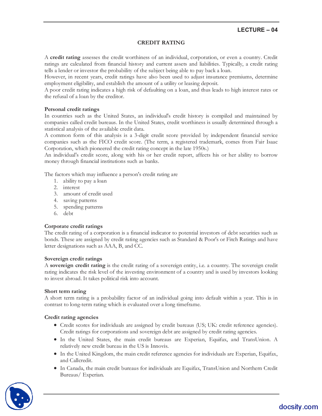 Credit Rating Credit And Risk Managment Lecture Notes Docsity