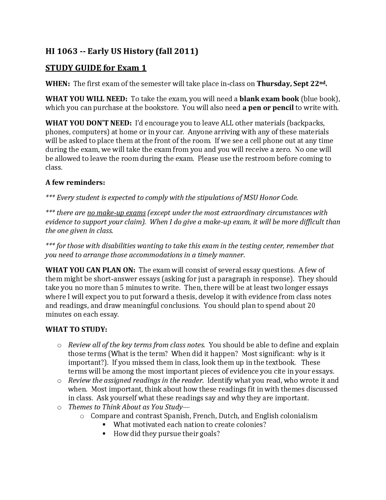 Study Guide for Exam 1 - Early United States History | HI 1063 | Study ...