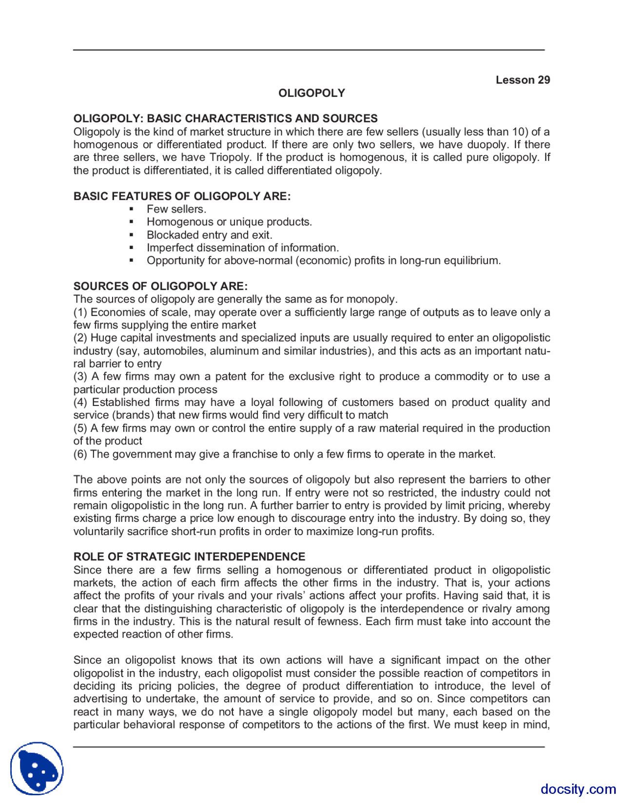 Oligopoly Managerial Economics Lecture Notes Docsity