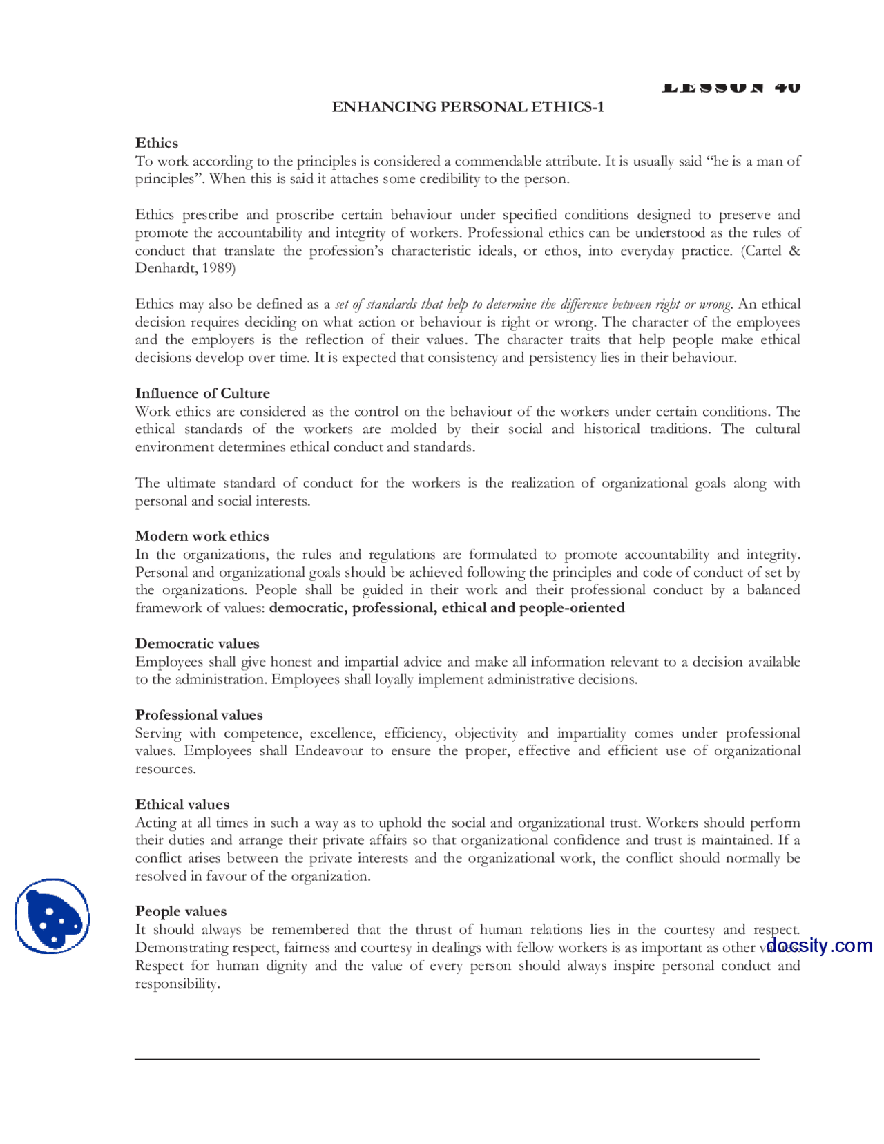 Enhancing Personal Ethics Lec1 Human Relation Lecture Notes Docsity
