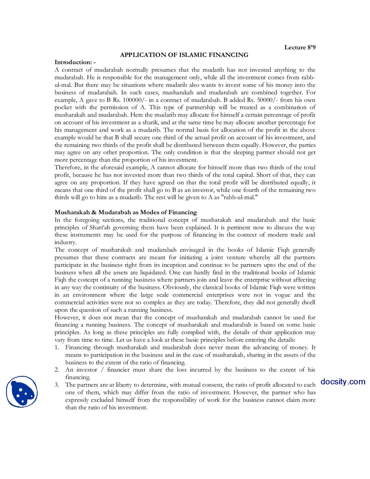 Application Of Islamic Financing Islamic Mode Of Financing Lecture Application Of Islamic Financing Islamic Mode Of Financing Lecture