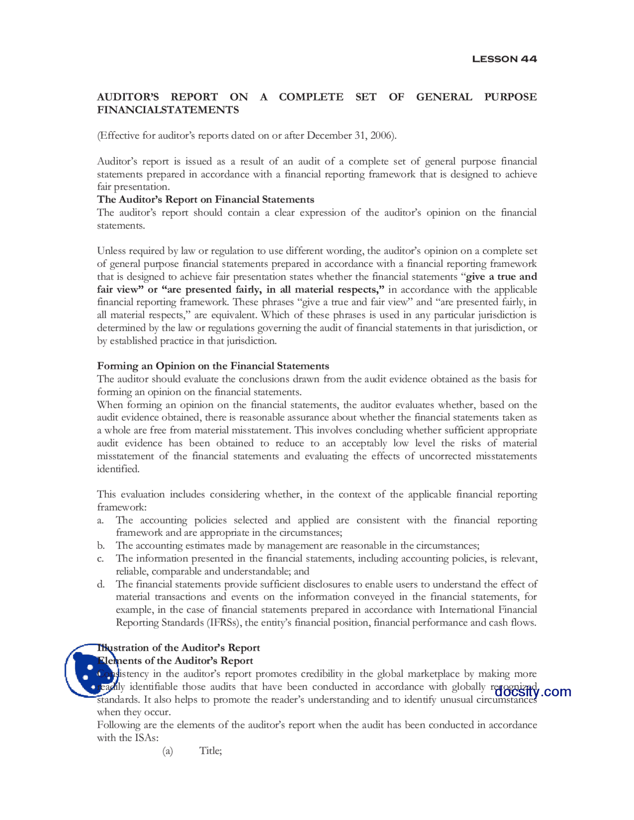 Auditor S Report On A Complete Set Of General Purpose Fundamentals Of Auditing Lecture Notes