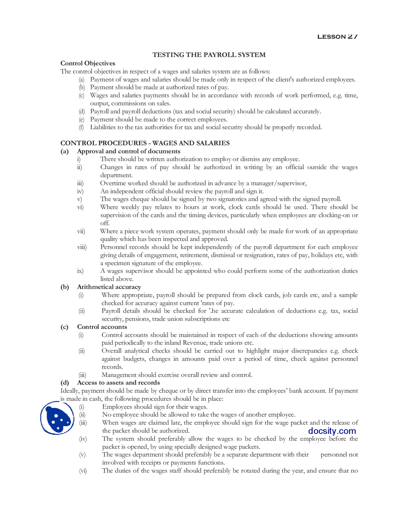 Testing The Payroll System-Fundamentals of Auditing-Lecture Notes - Docsity