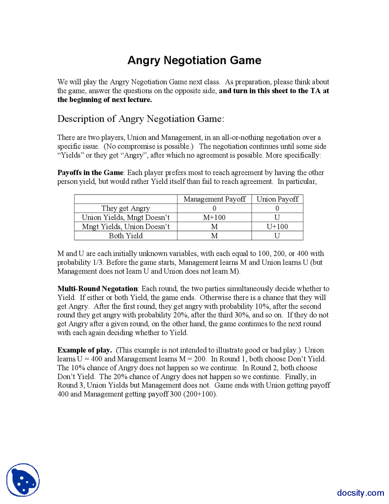 Angry Negotiation Game Game Theory For Managers Handout Docsity