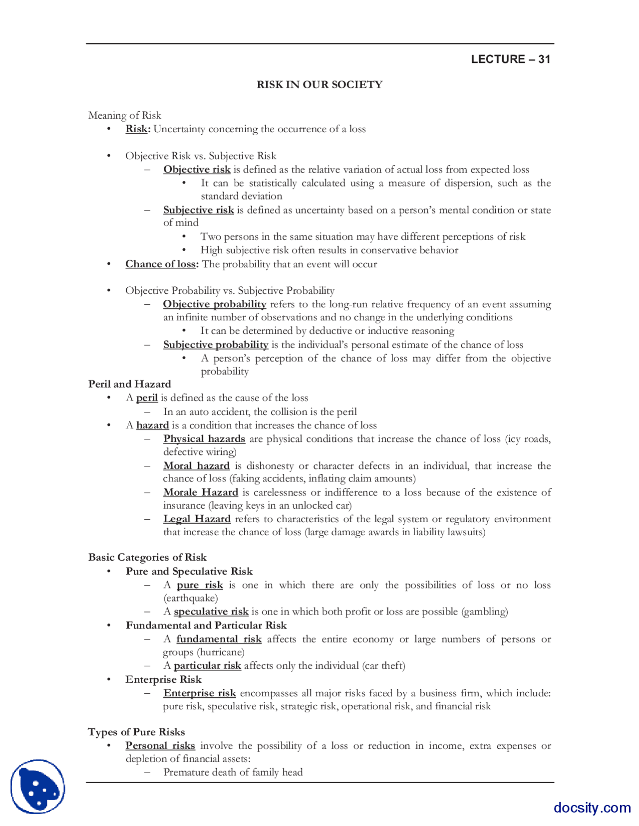 Risk In Our Society Credit And Risk Managment Lecture Notes Docsity