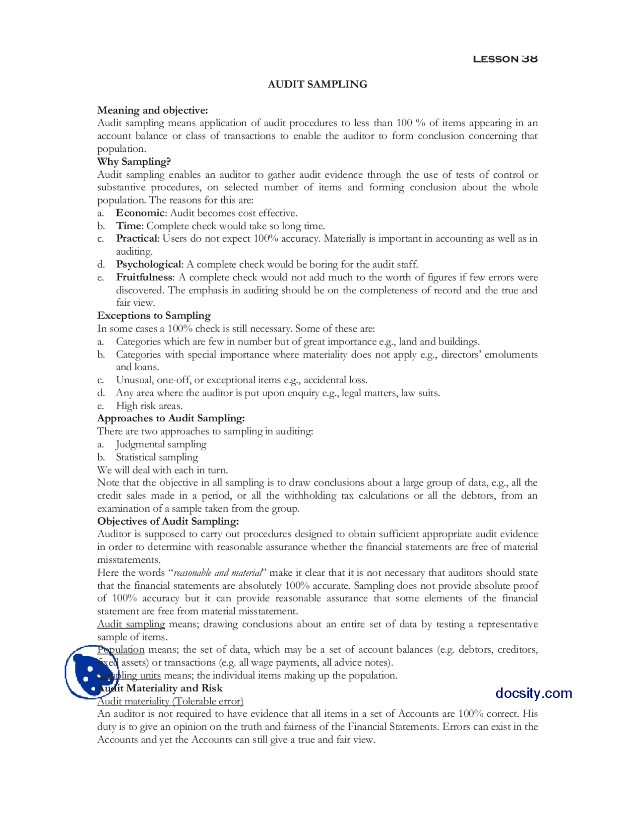Audit Sampling-Fundamentals of Auditing-Lecture Notes | Study notes ...