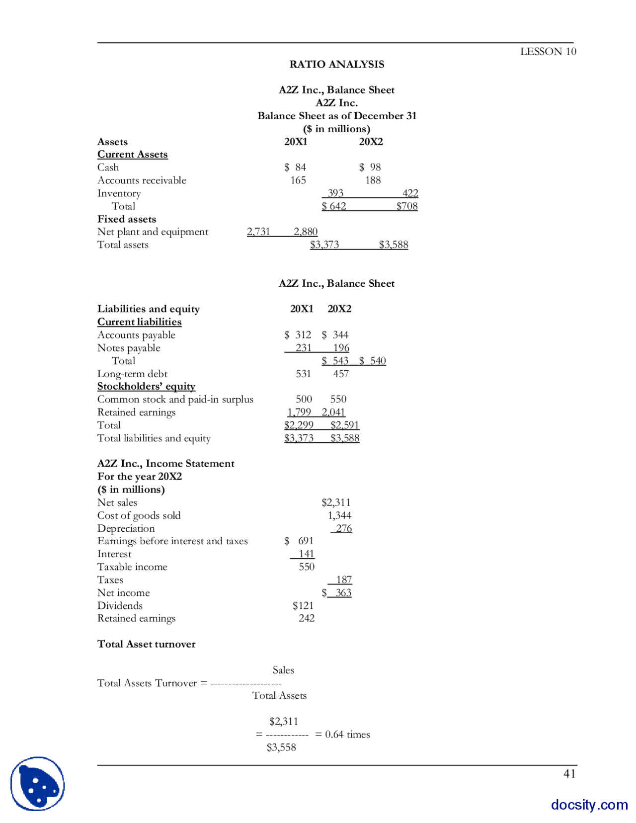 Lesson 10 Ratio Analysis Business Finance Lecture Notes Docsity