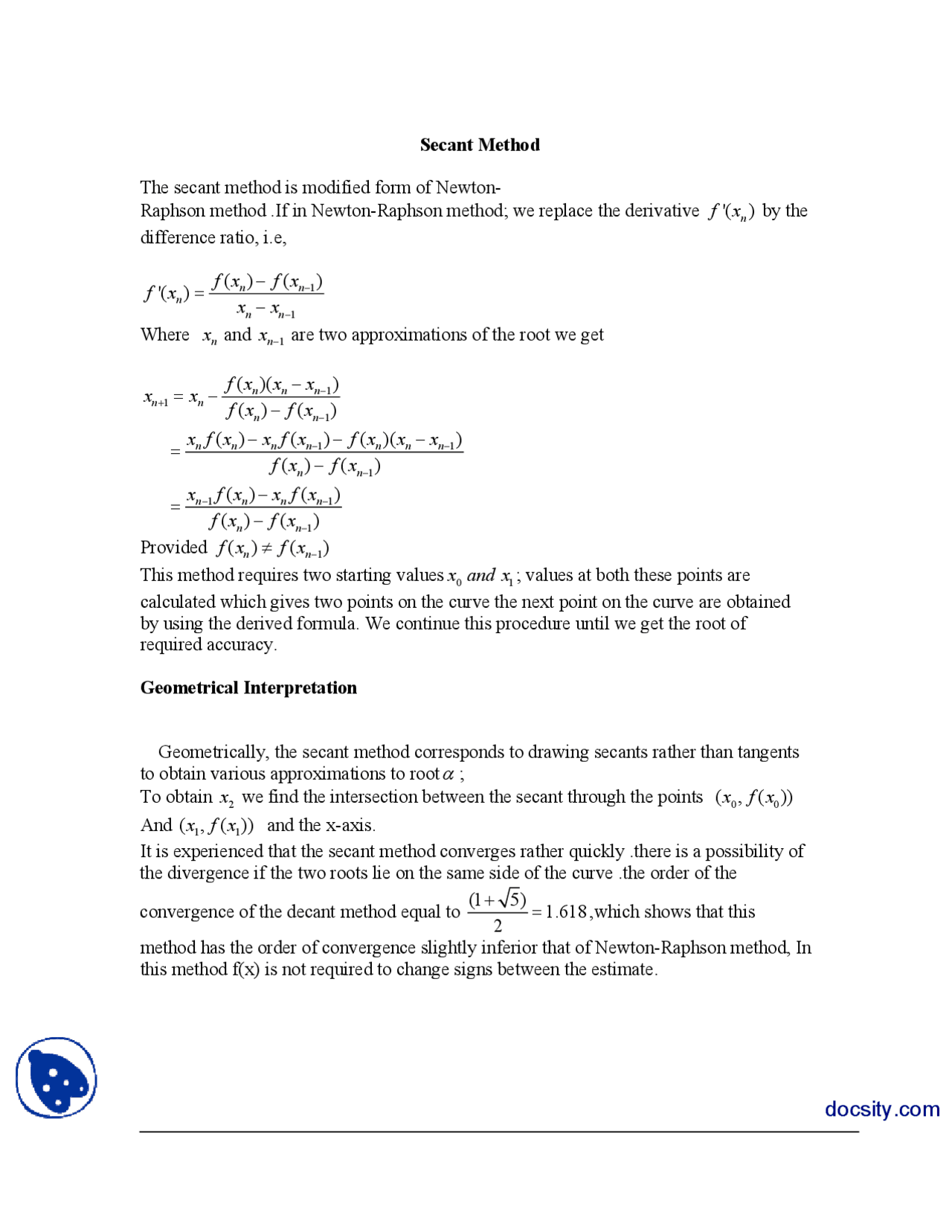 Secant Method Numerical Analysis Lecture Handouts Lecture Notes Mathematical Methods For