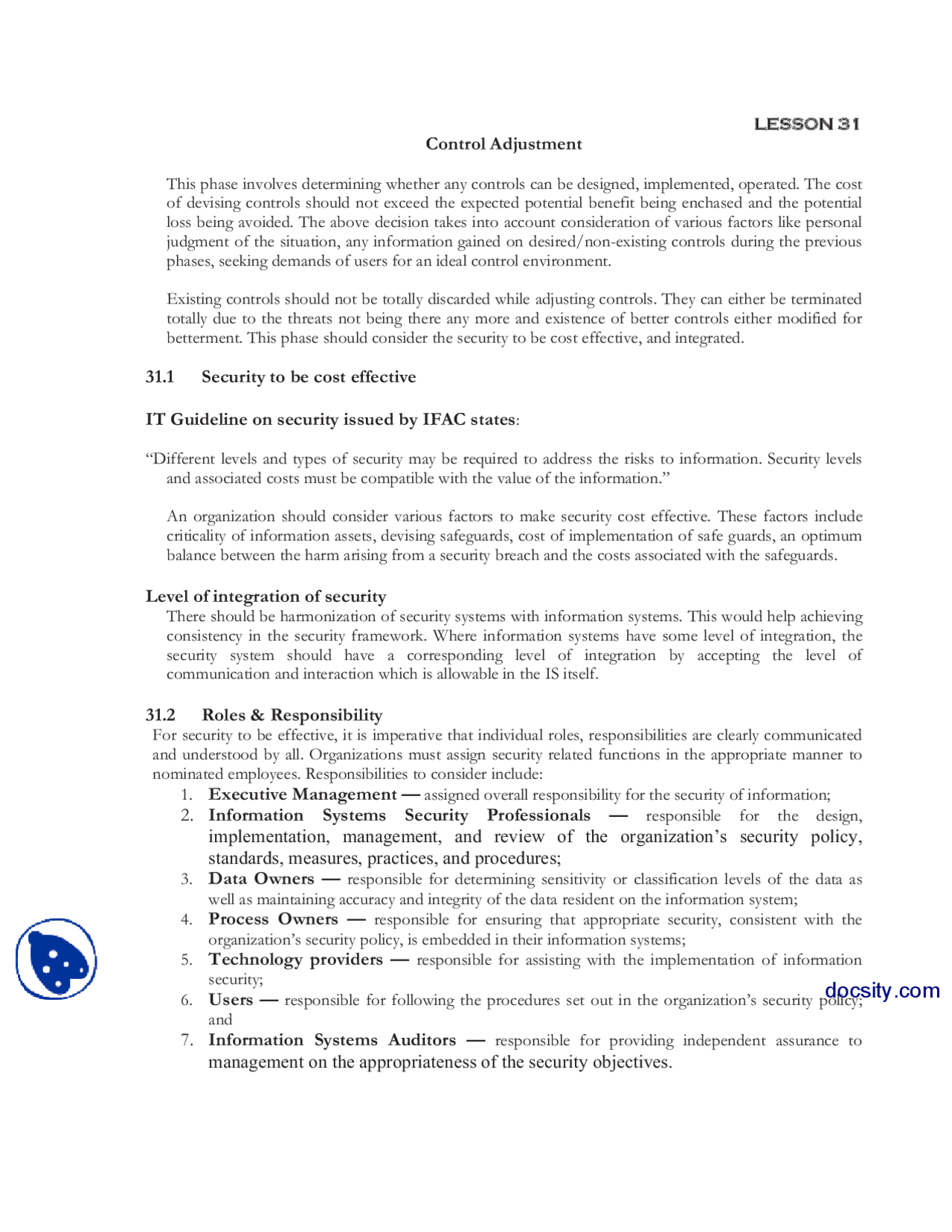 Control Adjustment Information Security And Systems Lecture Notes Docsity