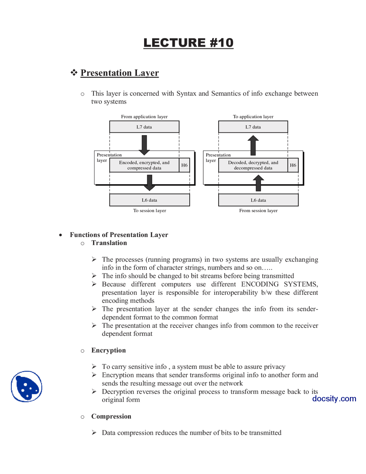 Presentation Layer Data Communication Lecture Notes Docsity