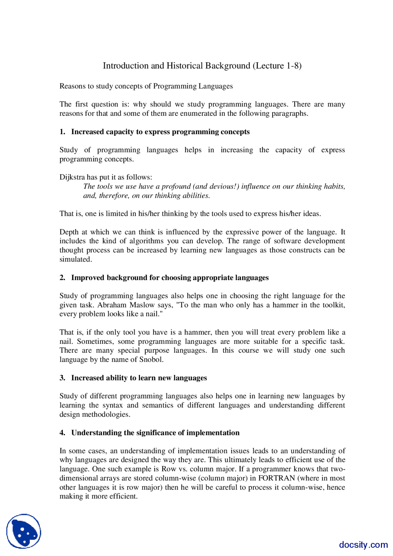 Introduction And Historical Background Modern Programing Language Lecture Handout Docsity