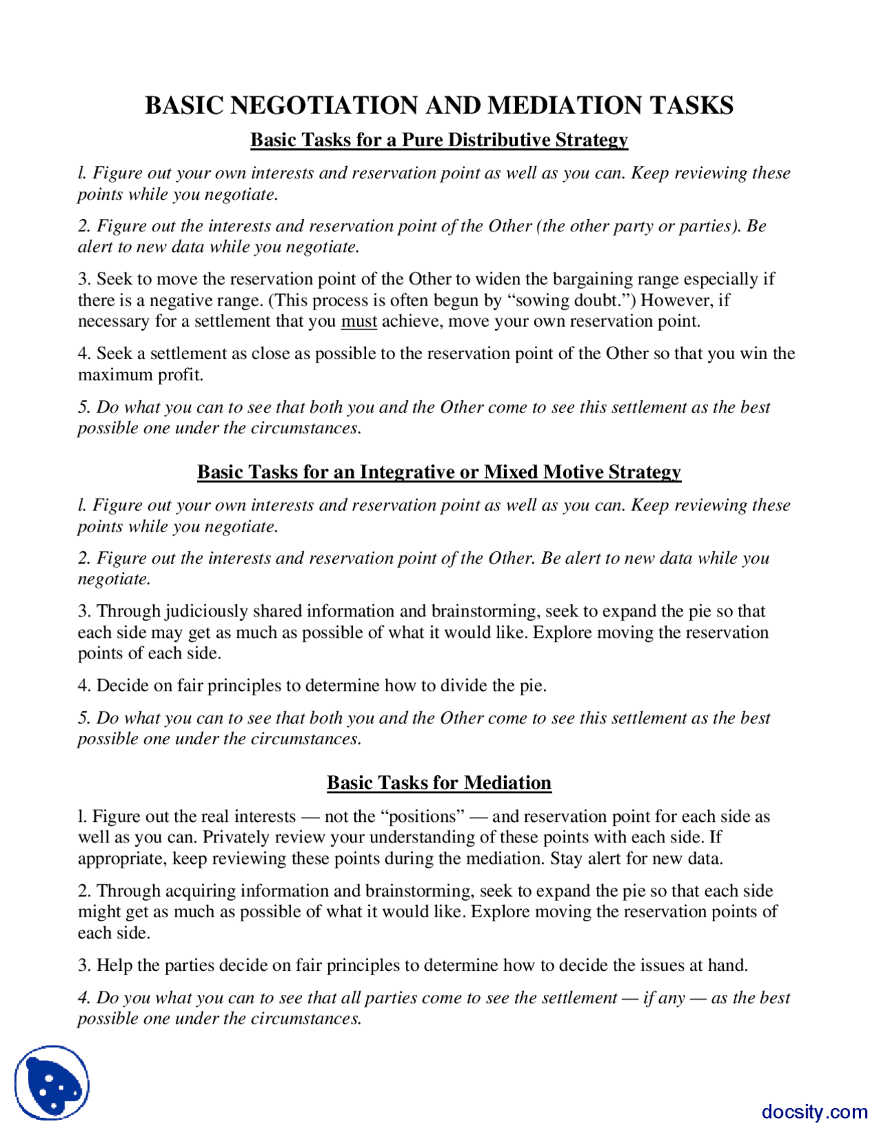 Basic Negotiation And Mediation Tasks Confilict Management Handouts