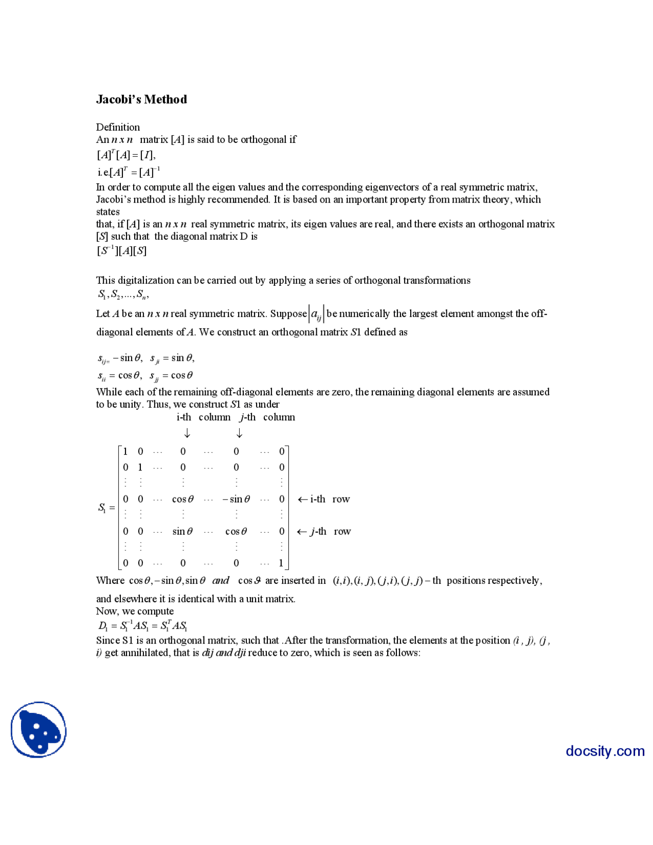 Jacobis Method Numerical Analysis Lecture Handouts Lecture Notes