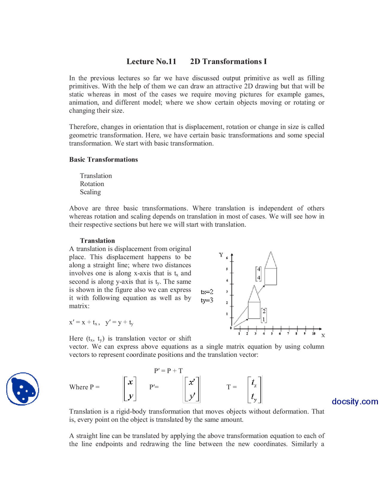 2d Transformations 1 Computer Graphics Lecture Notes Docsity