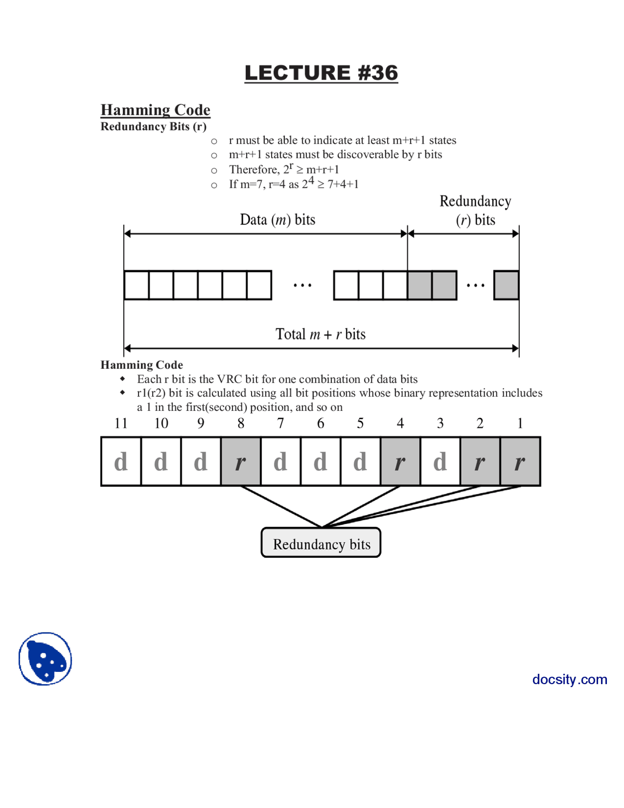 Hamming Code-Data Communication-Lecture Notes - Docsity