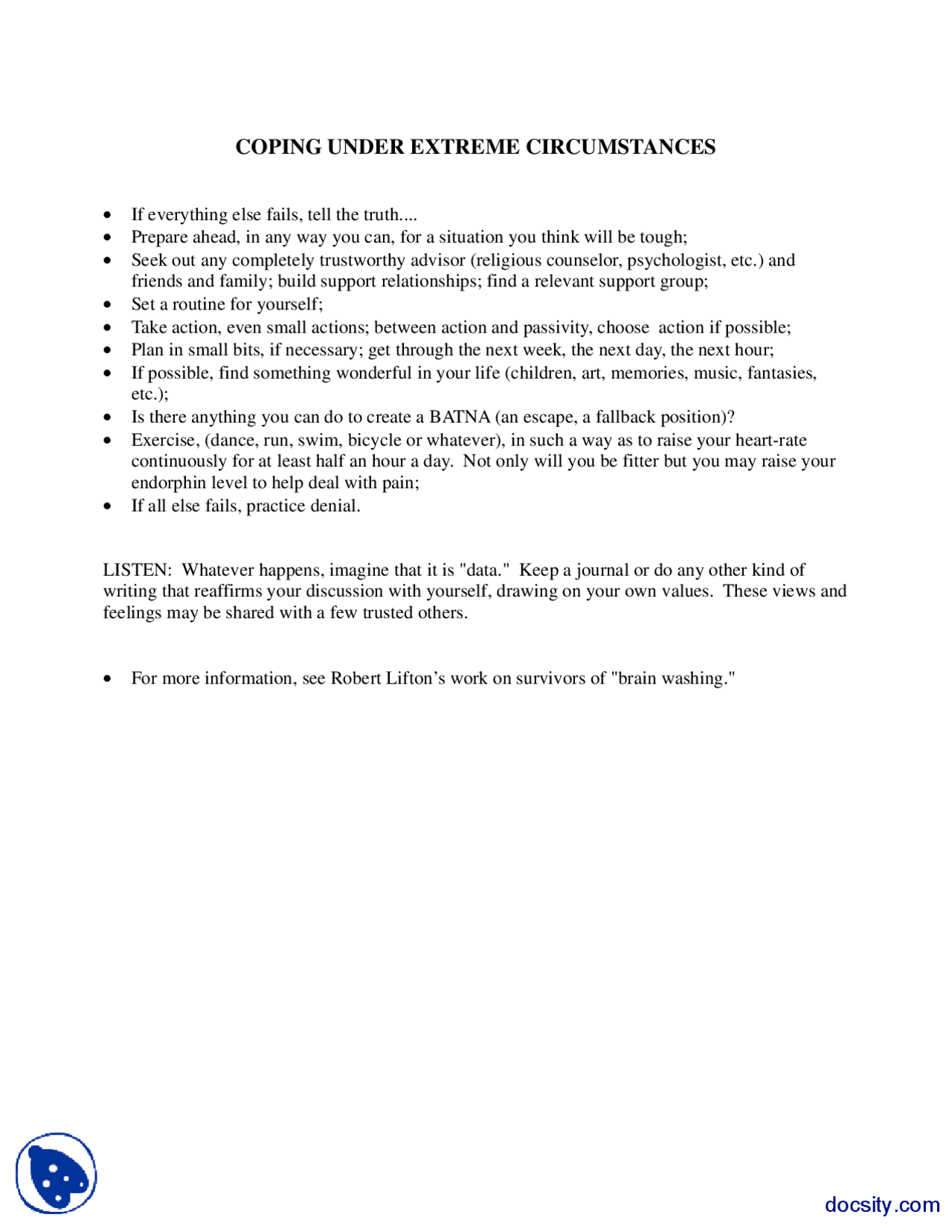 Coping Under Extreme Circumstances Confilict Management Lecture Notes