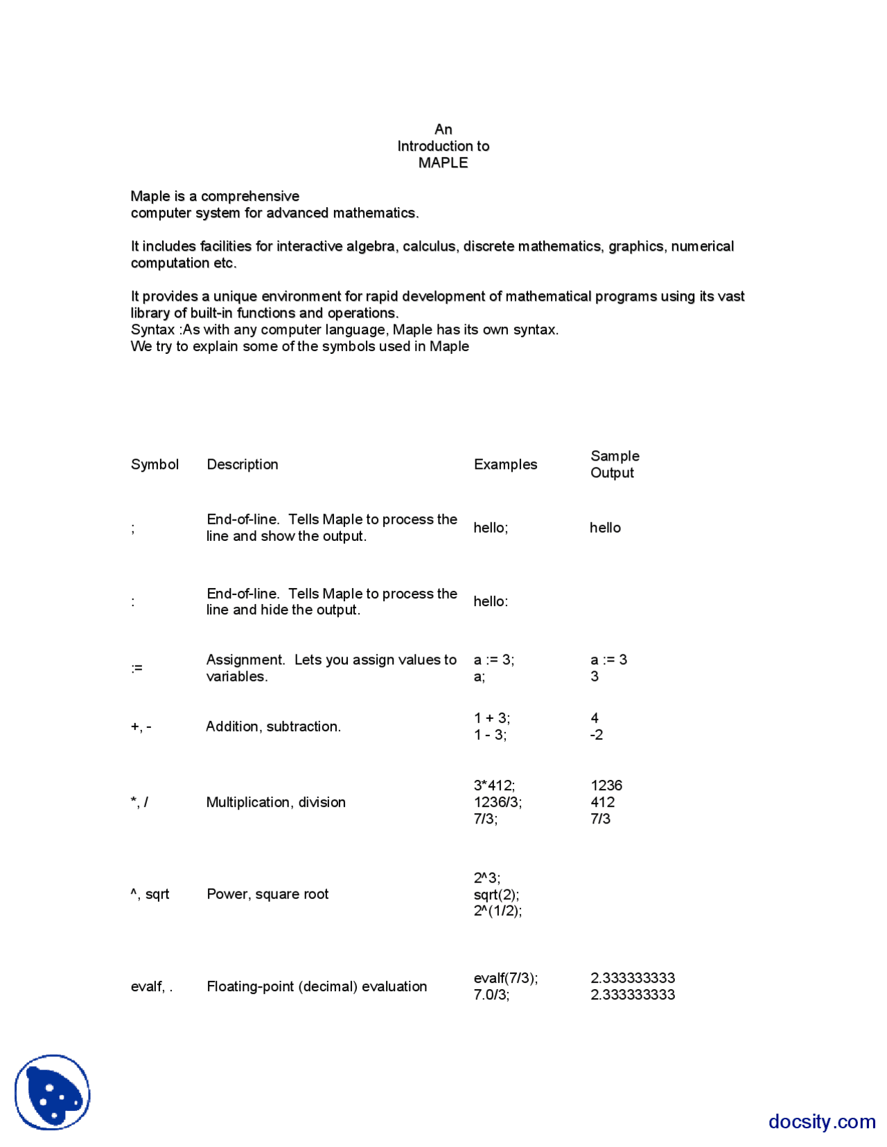 An Intro Duction To Mapple Numerical Analysis Lecture Handouts Docsity