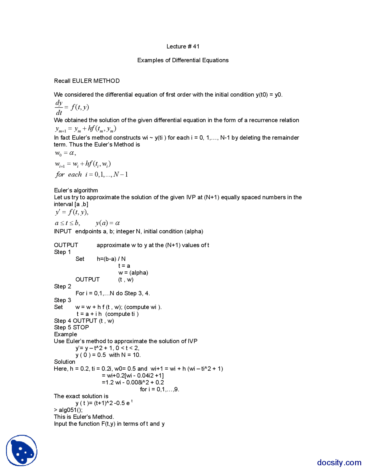 Examples Of Differential Equations Numerical Analysis Lecture Handouts
